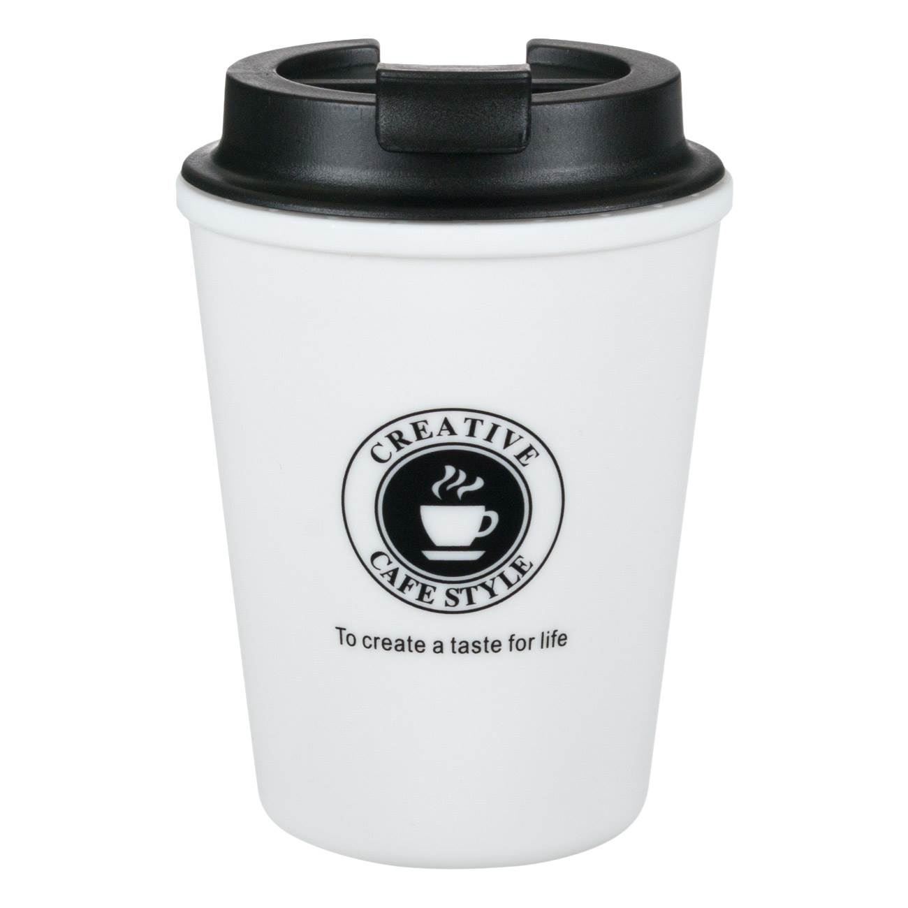 Pahar cafea din plastic alb cu logo negru si capac cu filet Shopiens ...