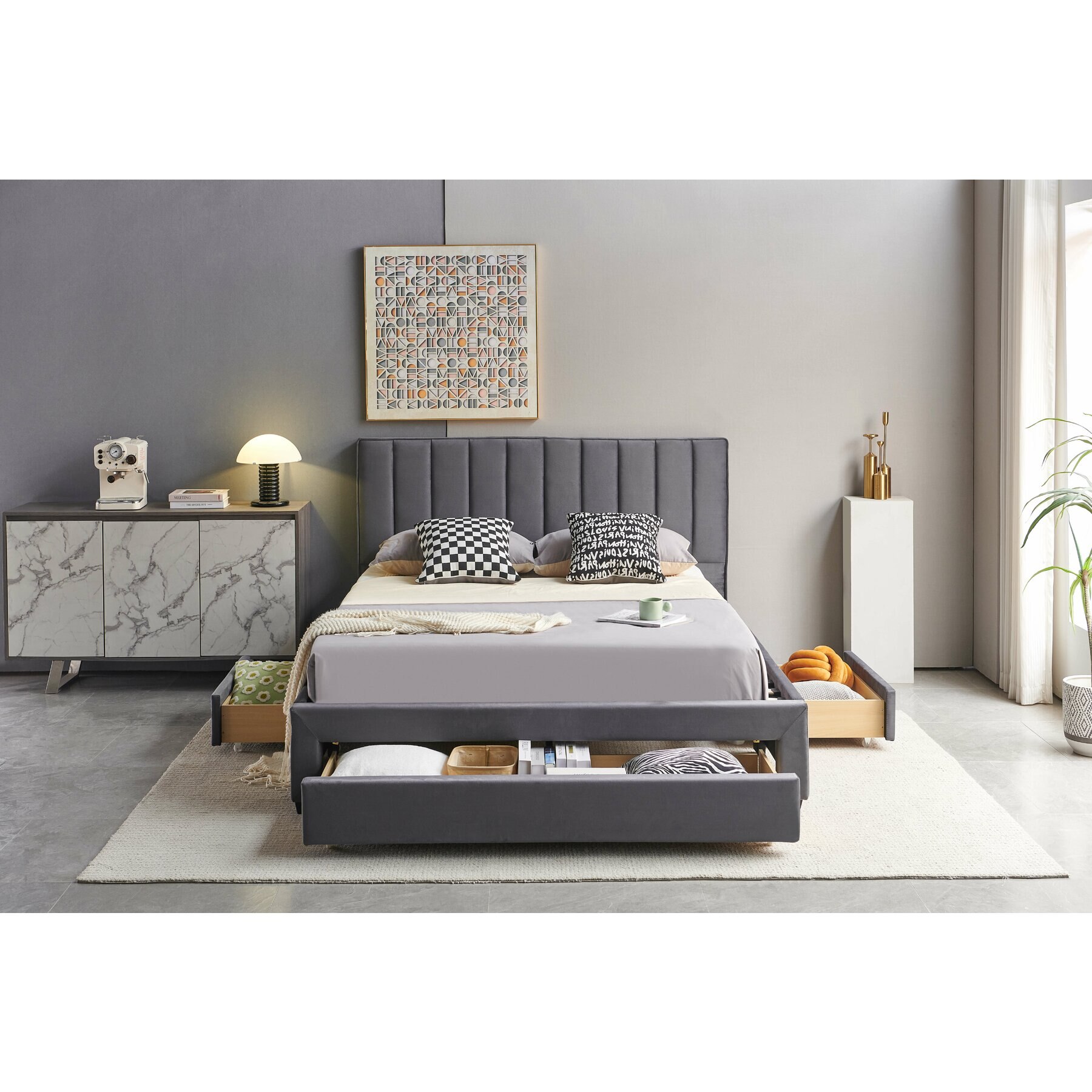 Pat tapitat cu sertare, Gloria, Catifea, Gri, 180x200 cm - eMAG.ro