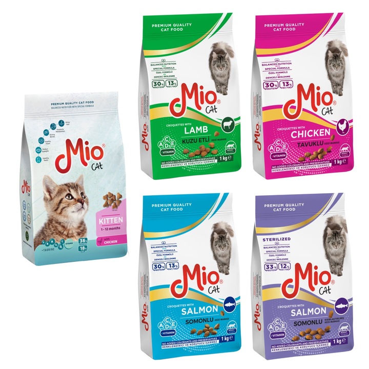 Pachet 5 saci de 1kg boabe, Mio Cat Premium, Mancare uscata, Completa, pentru pisici adulte ...