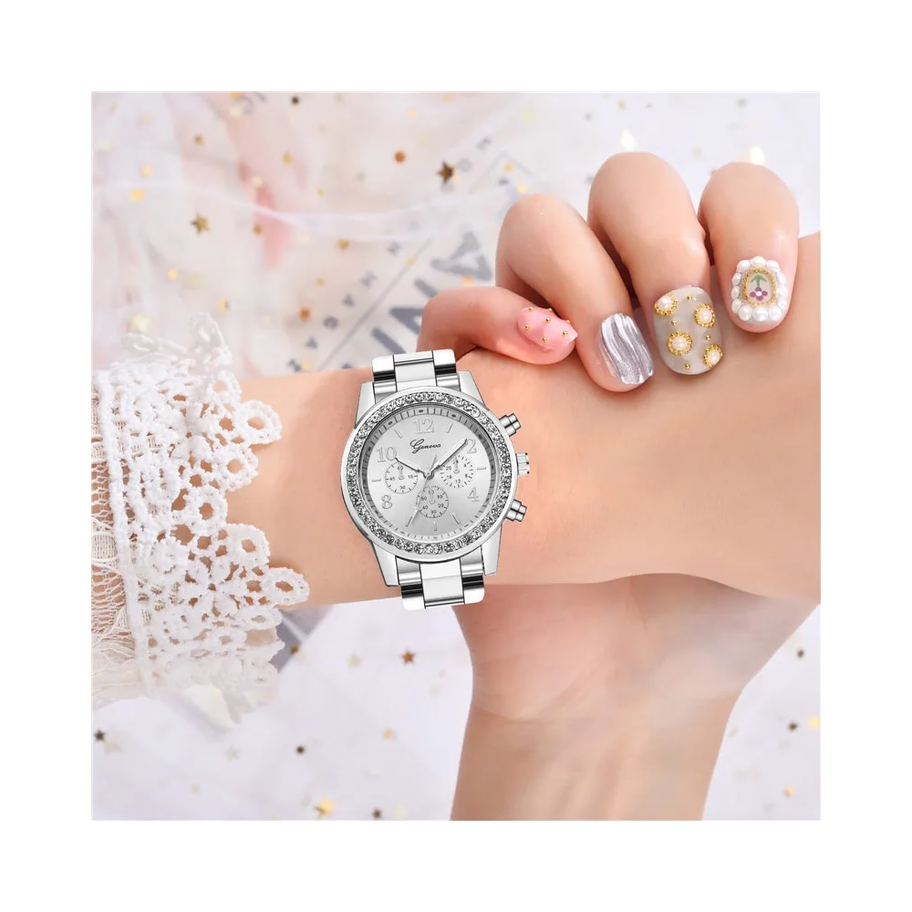 Set 5 bijuterii KERNOWSUN, Argintiu, Ceas dama, colier cu pandantiv ...