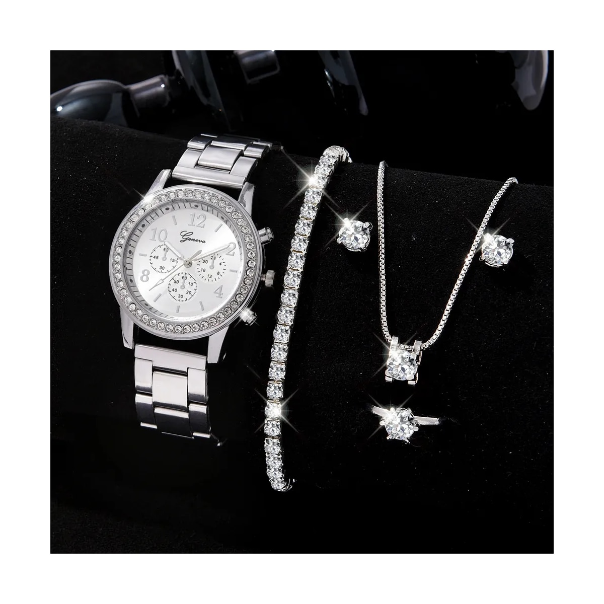 Set 5 bijuterii KERNOWSUN, Argintiu, Ceas dama, colier cu pandantiv ...