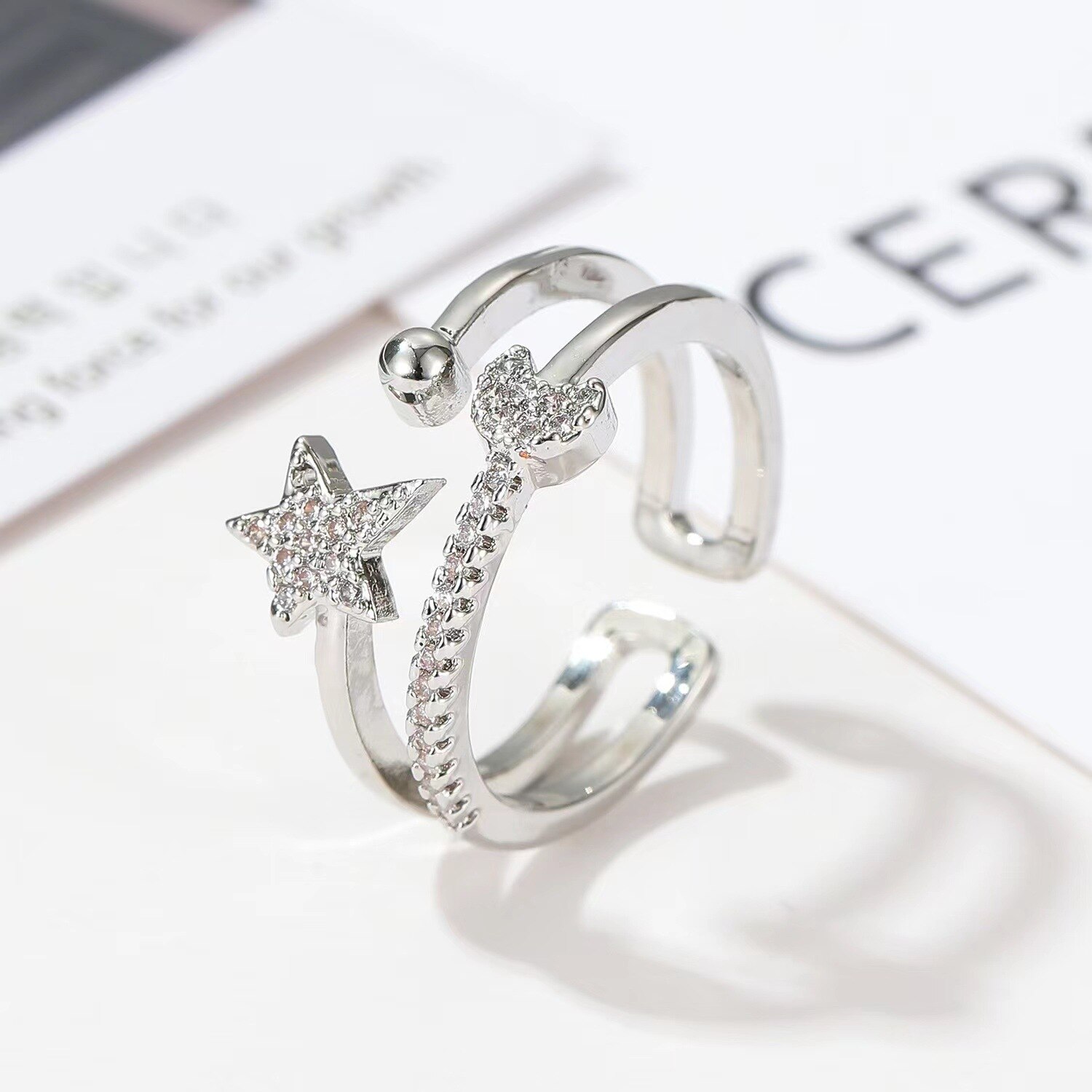 Inel din argint 925 cu stea si luna, dublu strat, zirconiu, deschidere reglabila - eMAG.ro