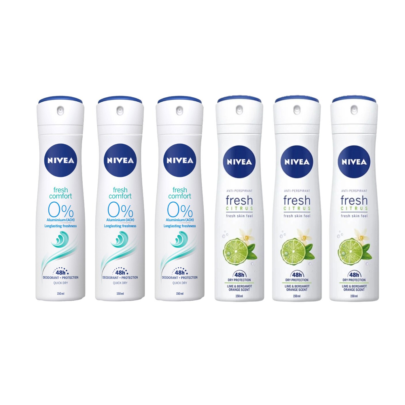 Комплект 6 X Nivea Antiperspirant Woman Deo 150 ml, 3 X Fresh Comfort, 3 X Fresh Citrus, 0% ...