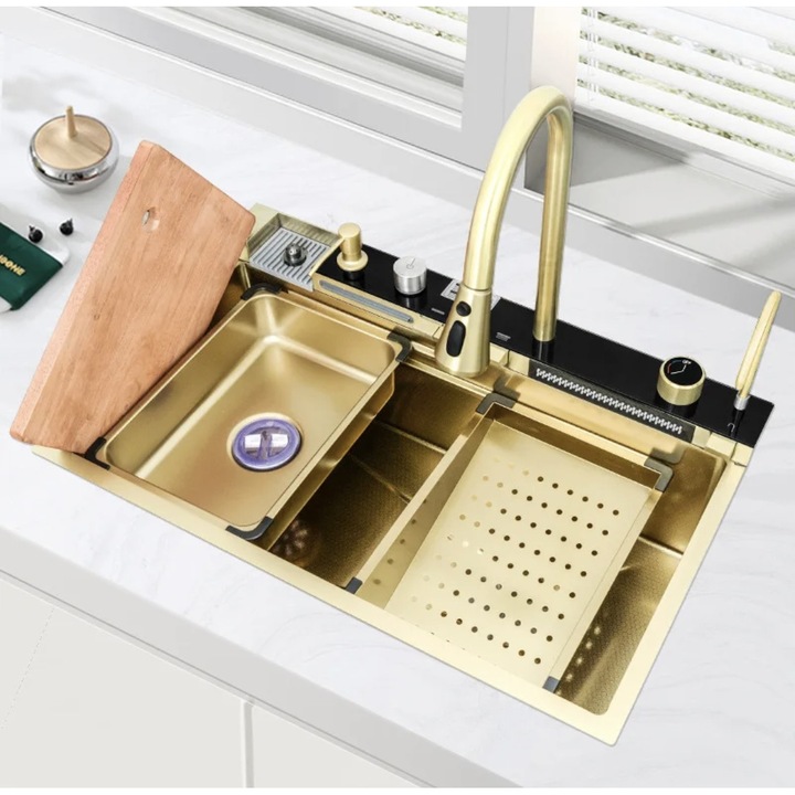 Chiuveta bucatarie multifunctionala, din otel inoxidabil, culoare auriu ...