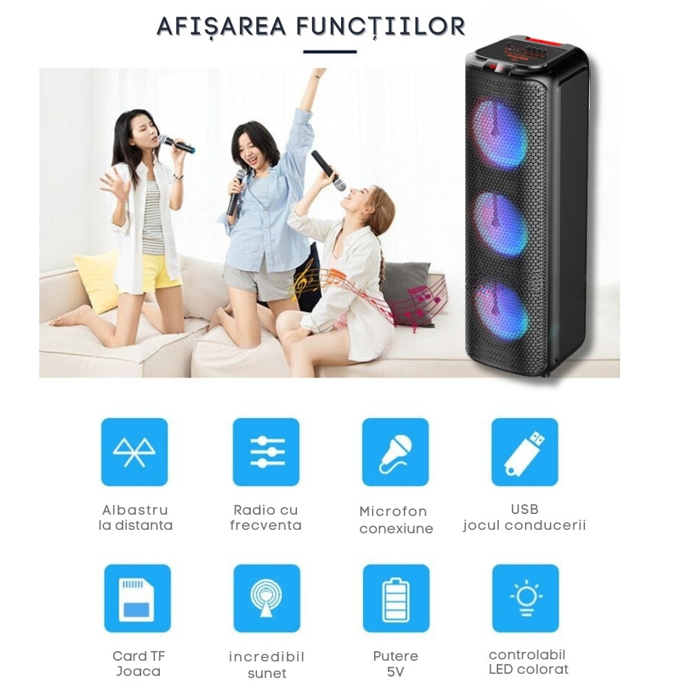 Boxa portabila, 40W, Bluetooth, LED, Microfon, Negru - eMAG.ro