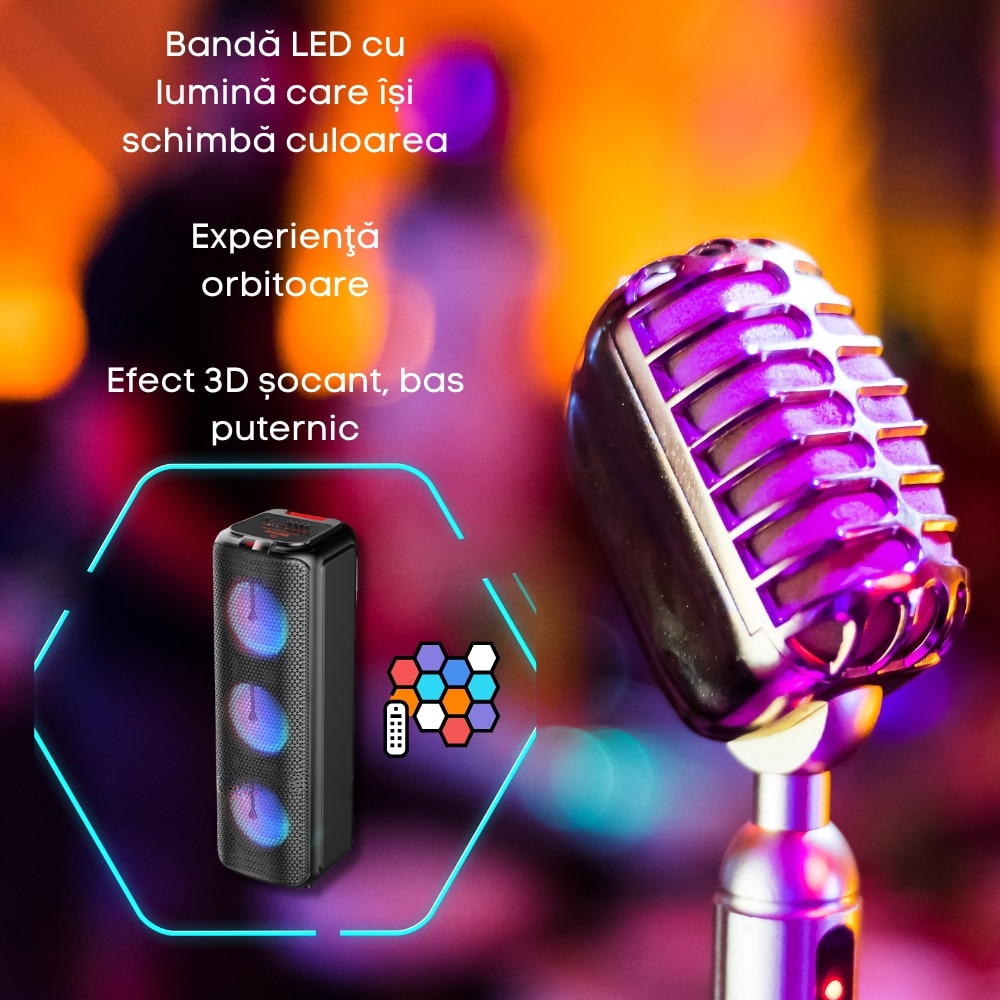 Boxa portabila, 40W, Bluetooth, LED, Microfon, Negru - eMAG.ro