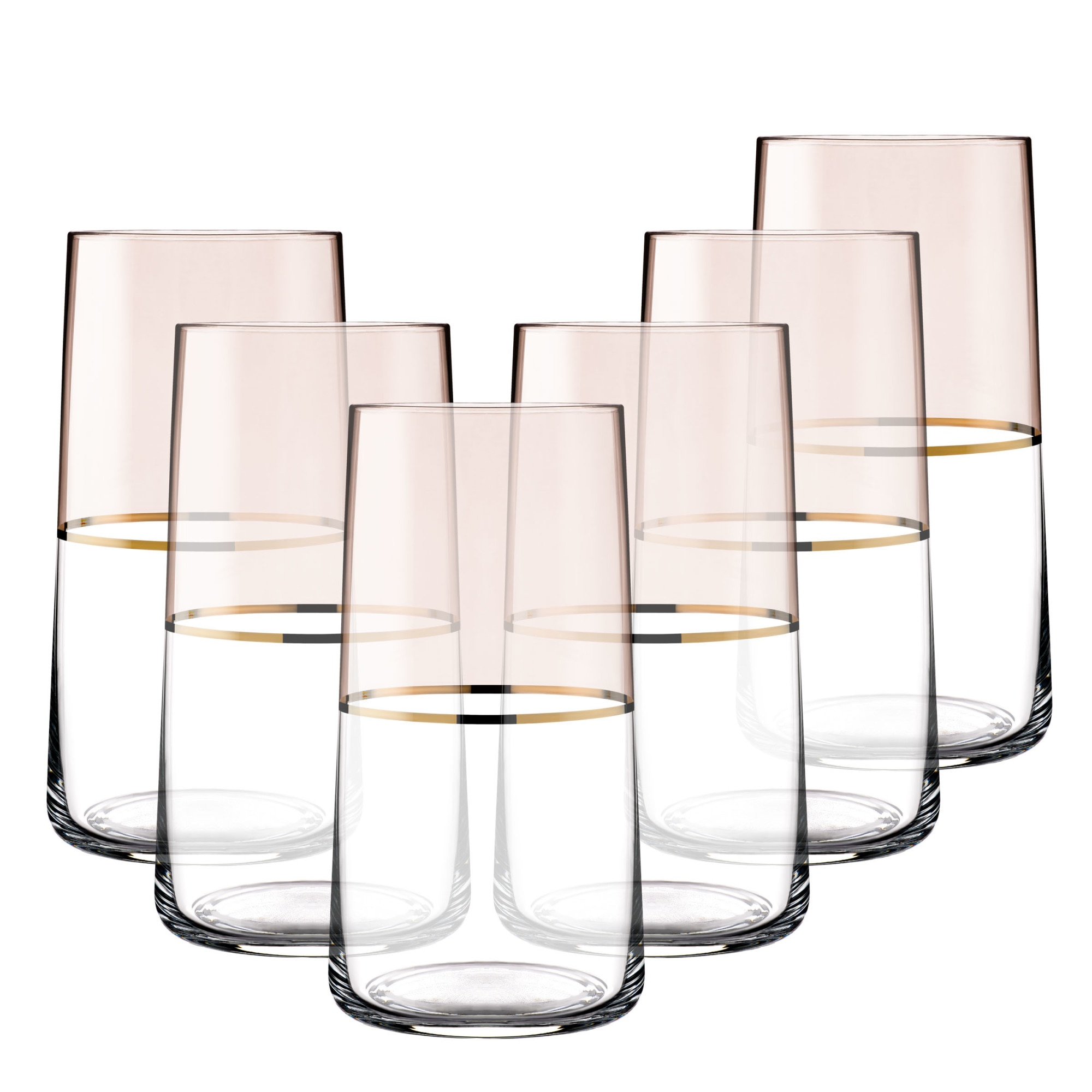 Set 6 pahare apa, inalte, colorate, maro cu linie aurie, 520 ml, e ...
