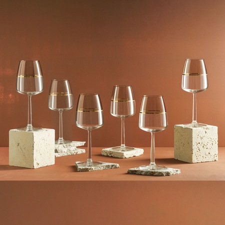 Set 6 pahare de vin, cu picior, colorate, maro cu linie aurie, 430 ml ...