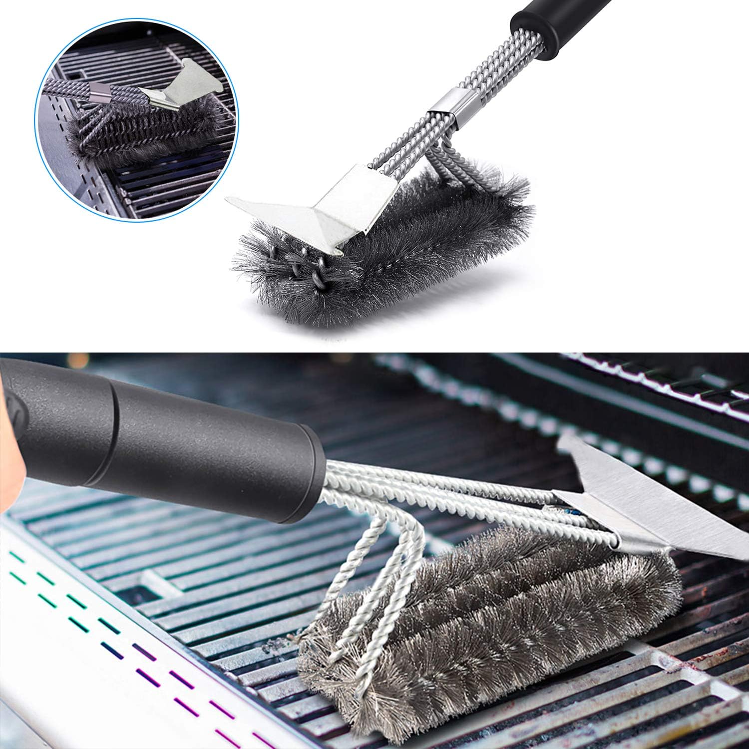 Perie pentru curatat gratar, JENUOS®, sarma si racleta, inox, 2in1 ...