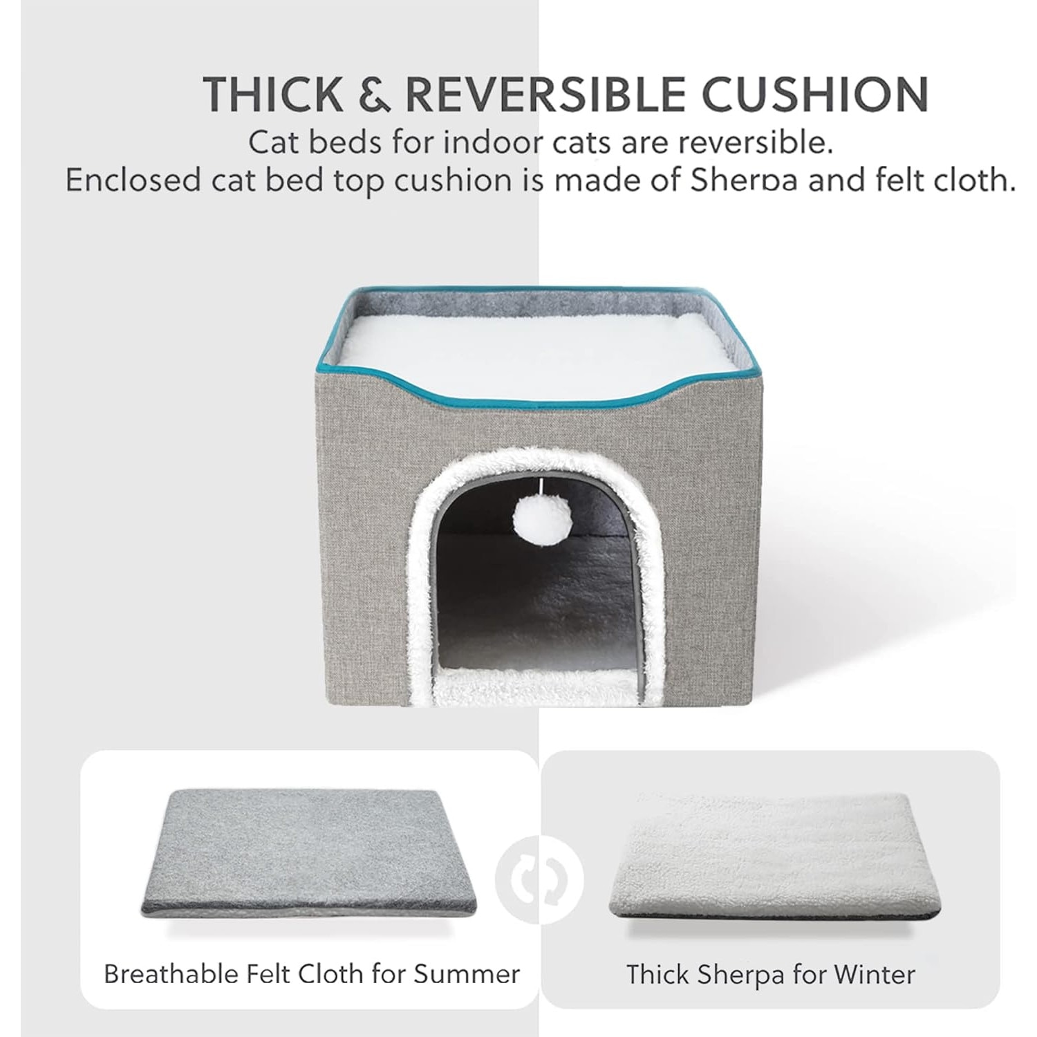 Casuta de interior pentru pisici, cu Minge pufoasa si Scratch Pad, Gri ...