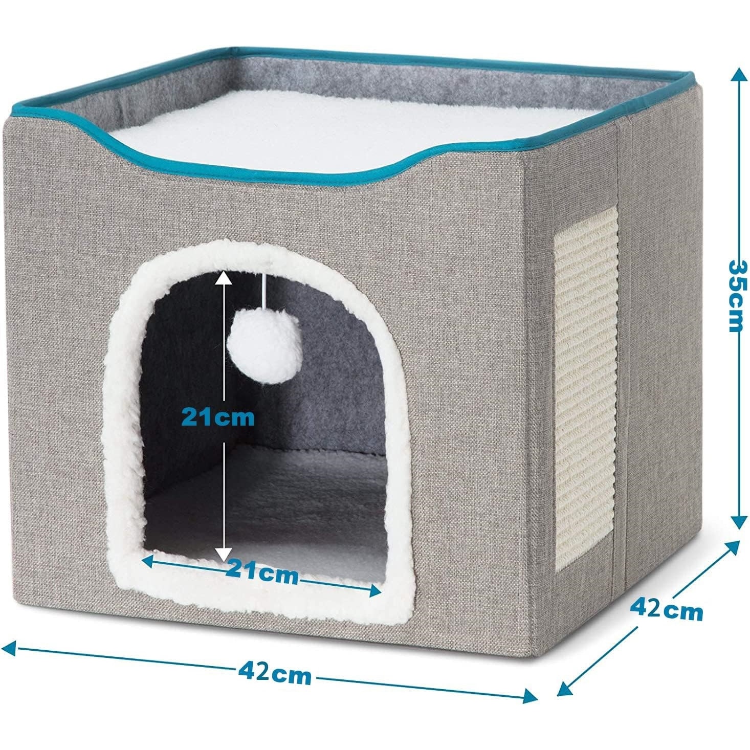 Casuta de interior pentru pisici, cu Minge pufoasa si Scratch Pad, Gri ...