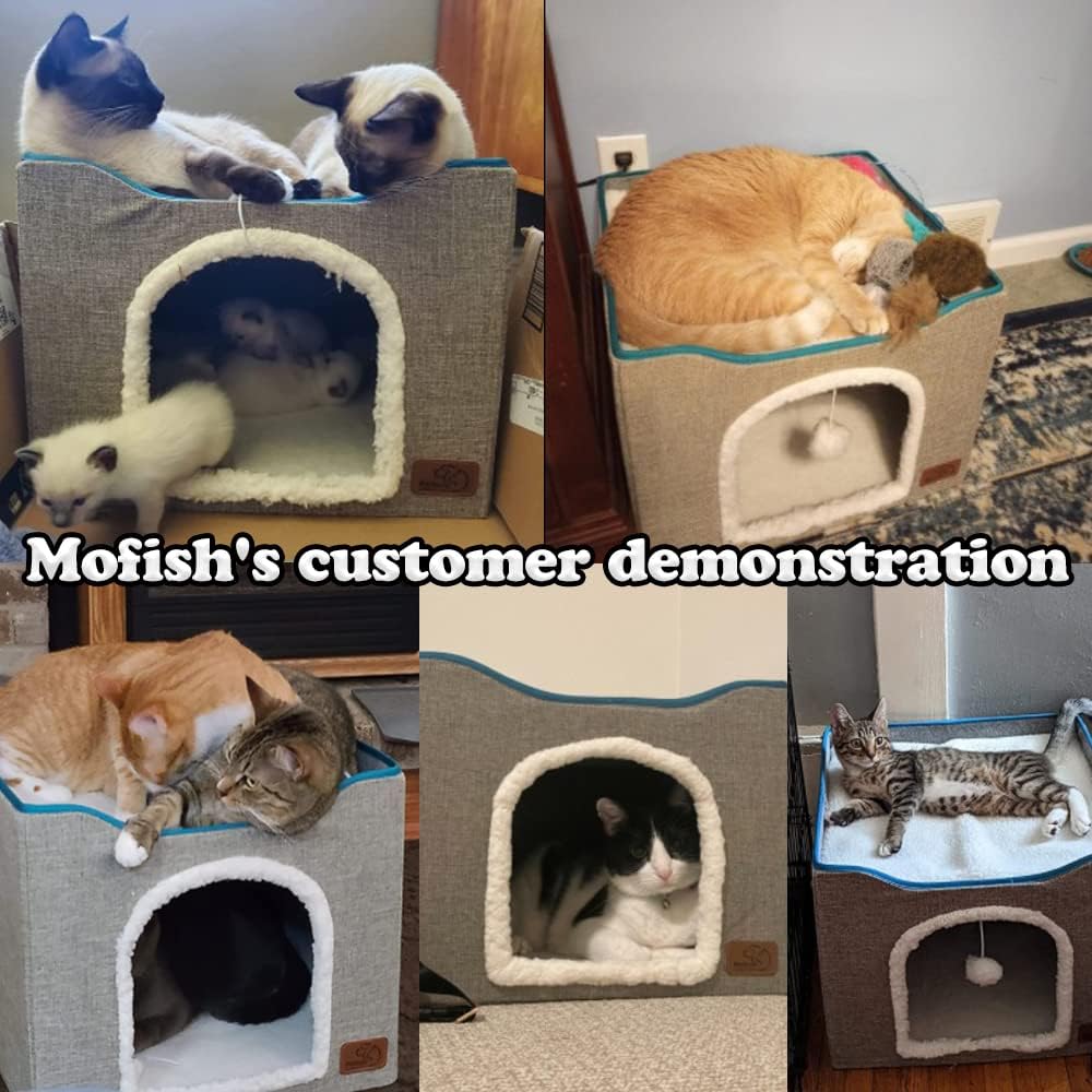 Casuta de interior pentru pisici, cu Minge pufoasa si Scratch Pad, Gri ...