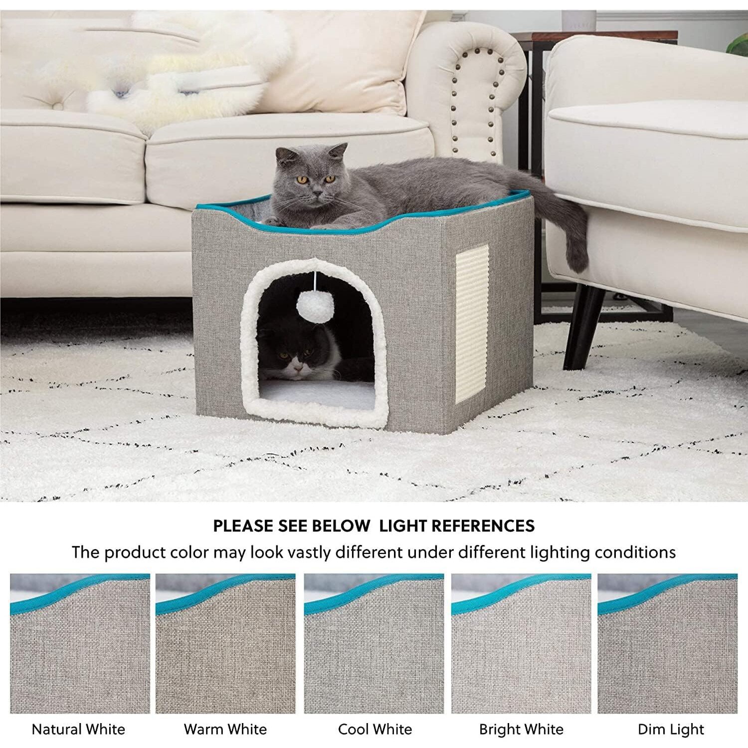 Casuta de interior pentru pisici, cu Minge pufoasa si Scratch Pad, Gri ...