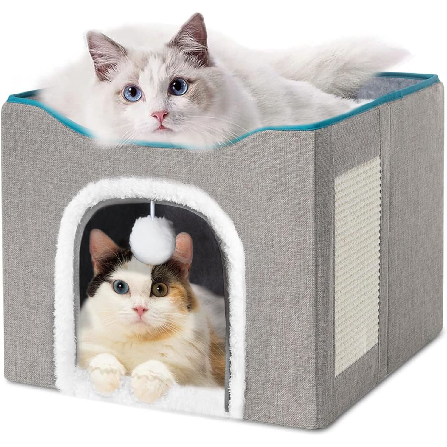 Casuta de interior pentru pisici, cu Minge pufoasa si Scratch Pad, Gri ...