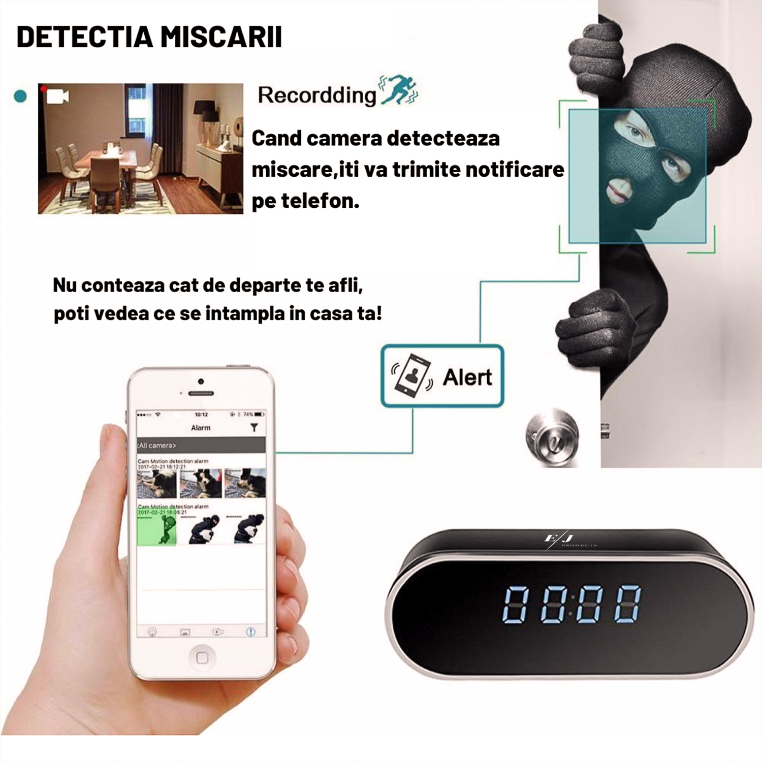 Ceas cu camera inteligenta spion, EJ Products Wi-Fi, HD, 16GB ...