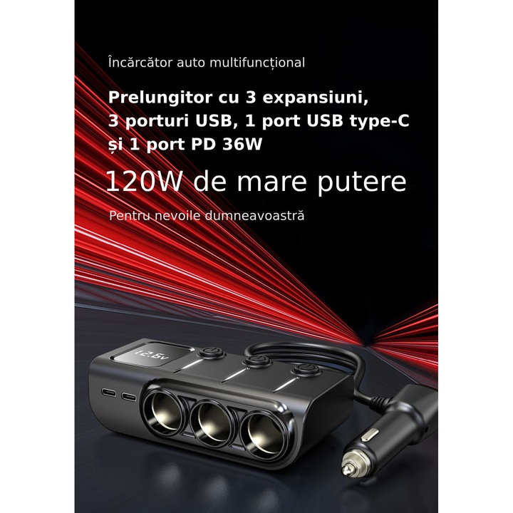 Prelungitor Priza Bricheta Auto cu 8 iesiri Multiplicator 12/24V, 120W ...