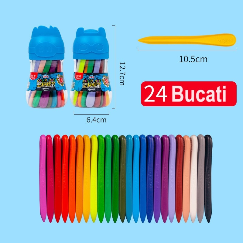 Set creioane colorate cerate din plastic Maped PlastiClean, 24 culori ...