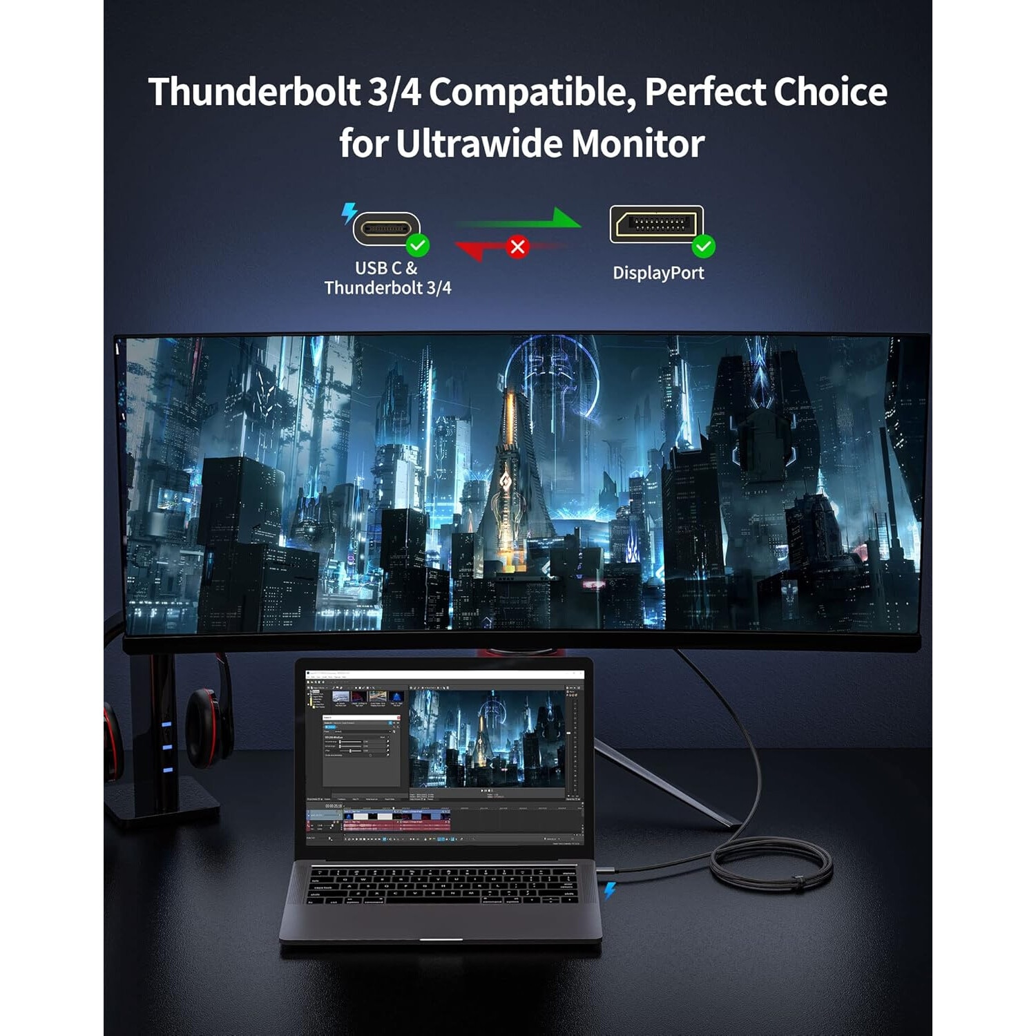 Cablu USB C Displayport DP1.4, 8K@60Hz, 4K@144Hz, Type C Thunderbolt 3 ...