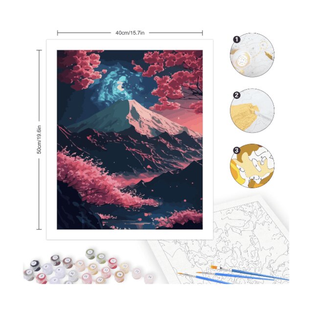 Set Pictura pe Numere, Muntele cu Ciresi Roz, 40 x 50 cm, Panza ...
