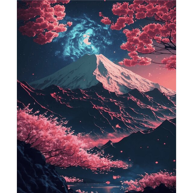 Set Pictura pe Numere, Muntele cu Ciresi Roz, 40 x 50 cm, Panza ...