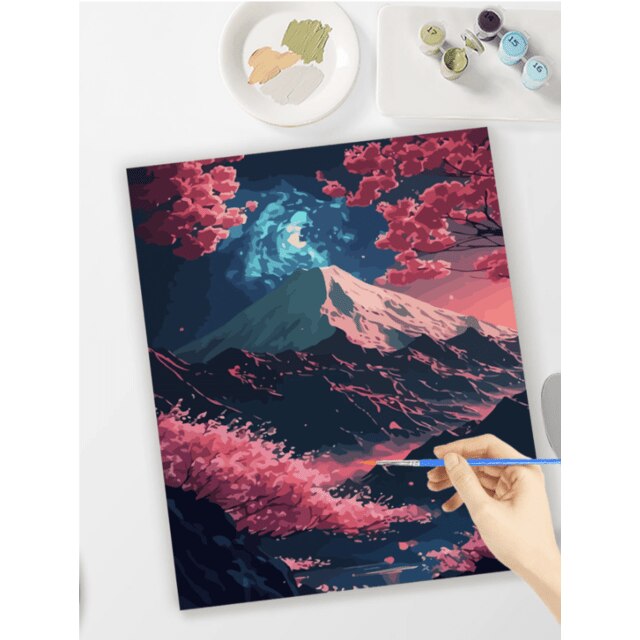 Set Pictura pe Numere, Muntele cu Ciresi Roz, 40 x 50 cm, Panza ...