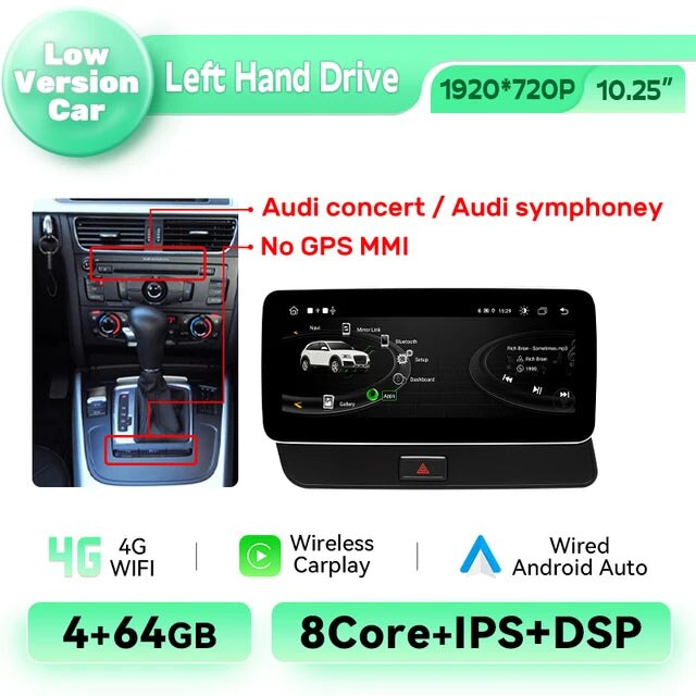 Mp5 lejátszó, Audi Q5-höz, 4GB, 64GB, 8 magos, balkormányos, 2Din, USB ...