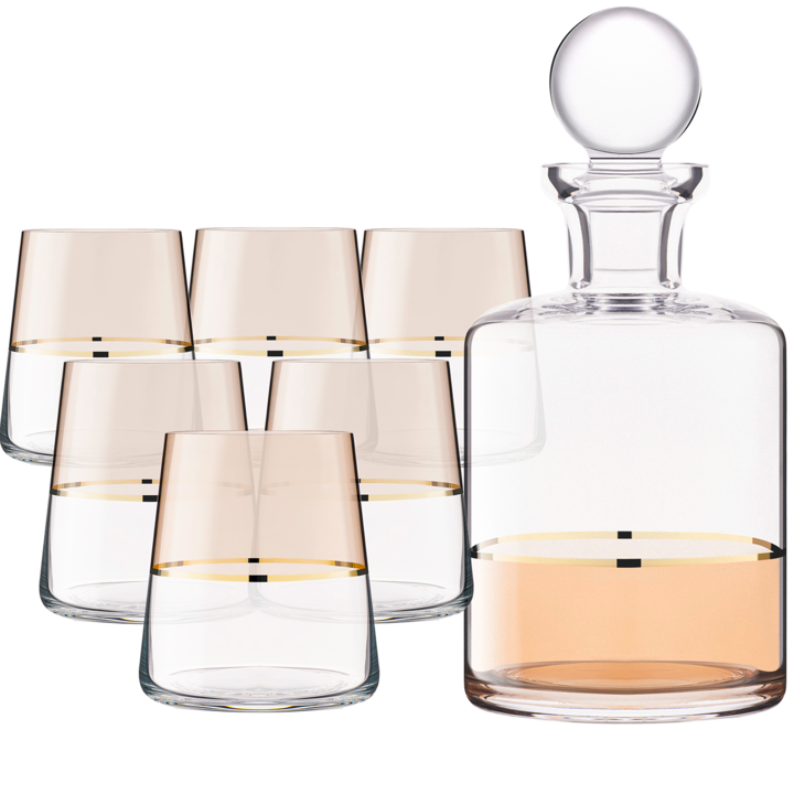Set Whiskey 7 Piese 6 Pahare Whiskey Si 1 Decantor Colorate Maro Cu Linie Aurie E Store