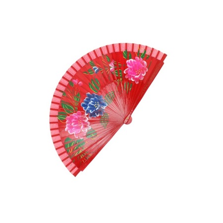 Evantai pliabil, din lemn, cu model floral pictat, 23 cm, Rosu ...