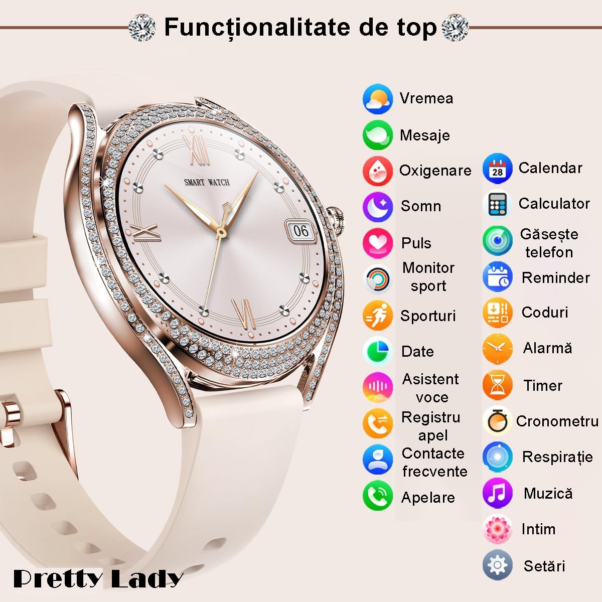 Ceas smartwatch dama Pretty Lady, bratara metalica si siliconica alba, apelare, notificari ...