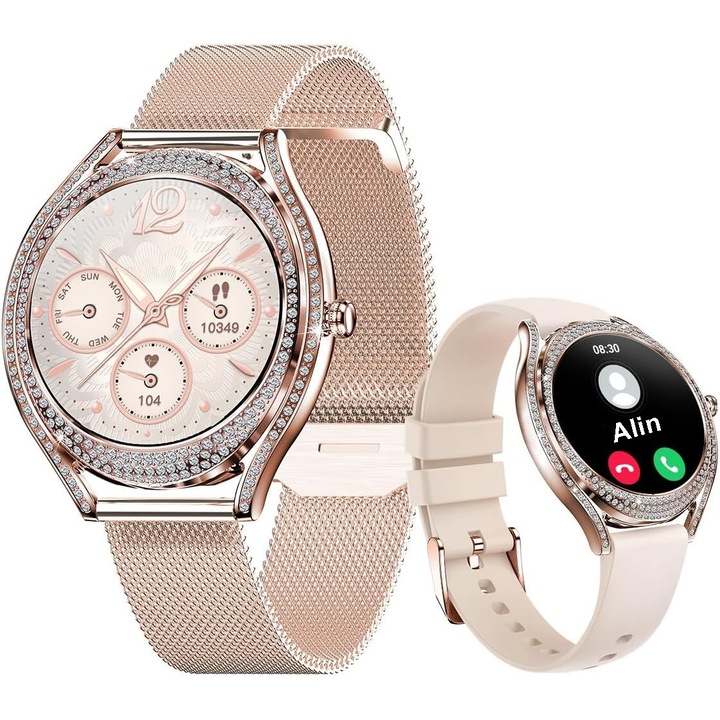 Ceas smartwatch dama Pretty Lady, bratara metalica si siliconica alba ...