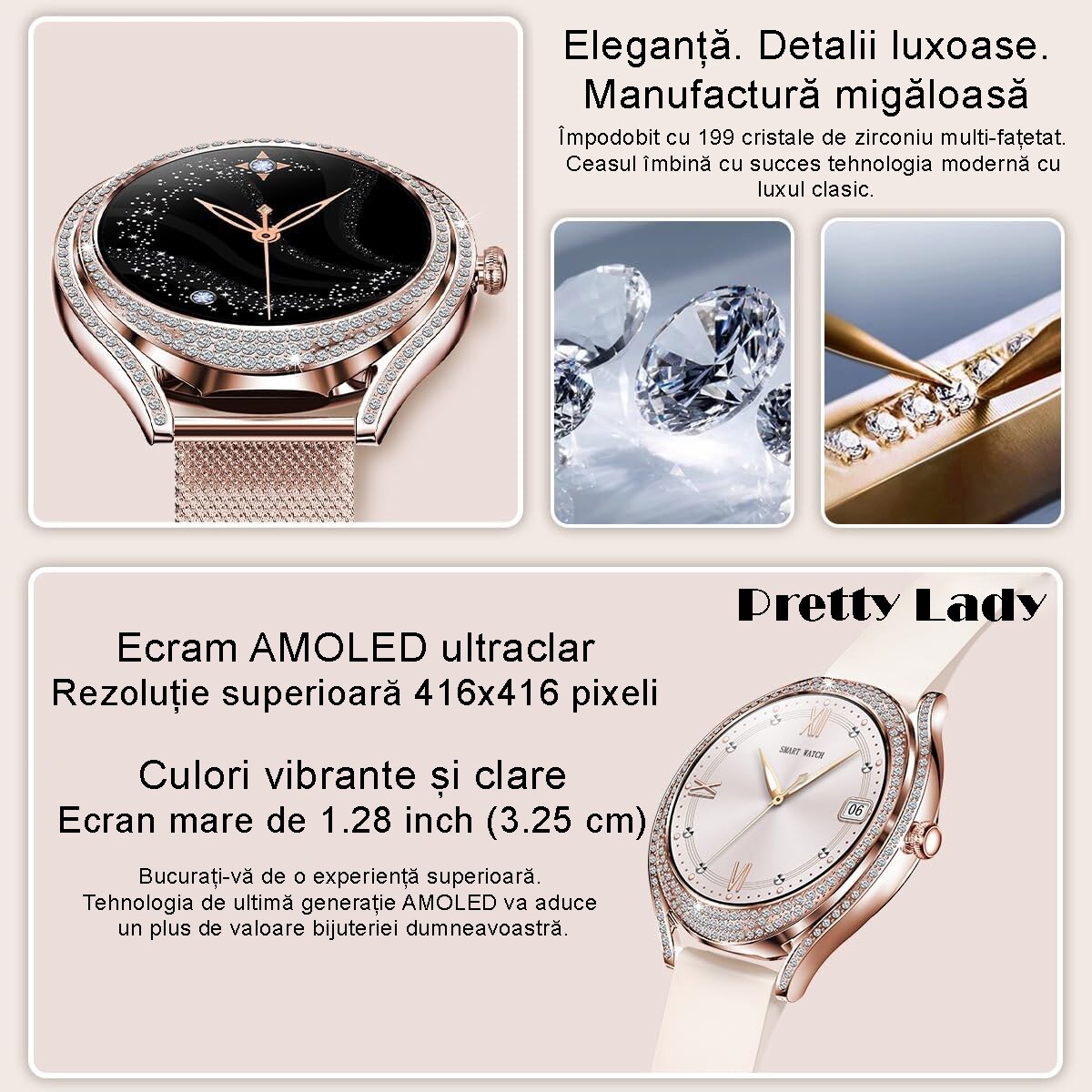Ceas smartwatch dama Pretty Lady, bratara metalica si siliconica alba ...