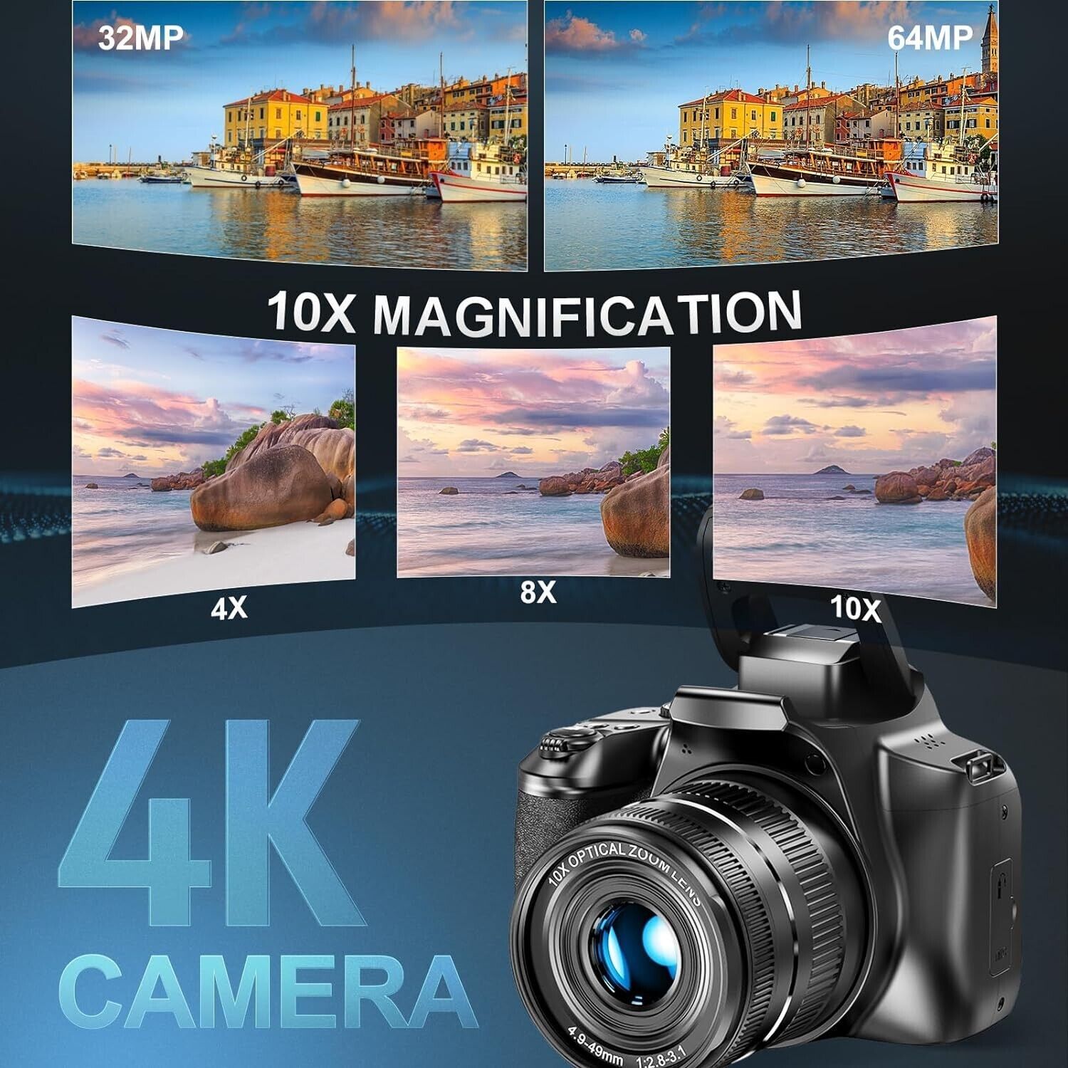 Цифров фотоапарат MOSMAOO®, 64MP, 4K Ultra HD, 10X оптично увеличение ...
