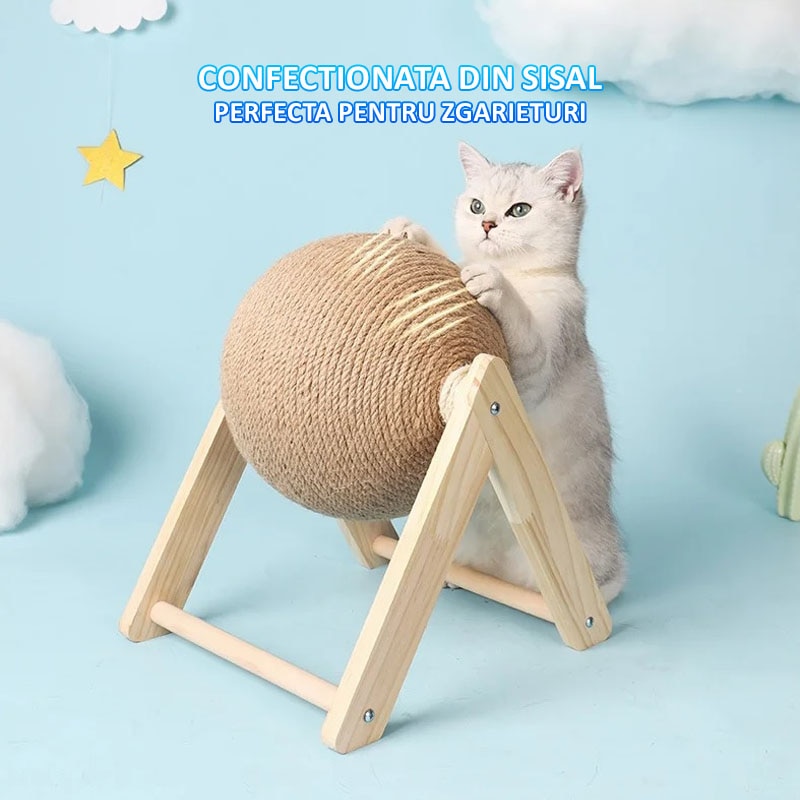 Jucarie pisici NEXTLY pentru zgariat, ghem, minge rotativa, invelis din sisal, stativ lemn ...