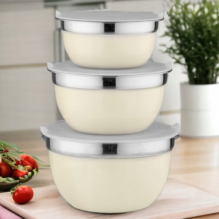 Set 3 boluri pentru bucatarie cu capac, din inox, 14/16/18 cm, 6 piese ...