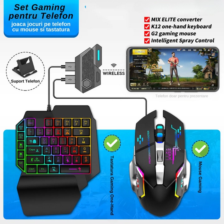 Set Gaming Telefon cu Tastatura Iluminata 39 taste One Hand si mouse ...