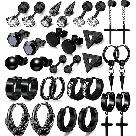 Set 16 Perechi Cercei Barbati, Inox, Negru - eMAG.ro