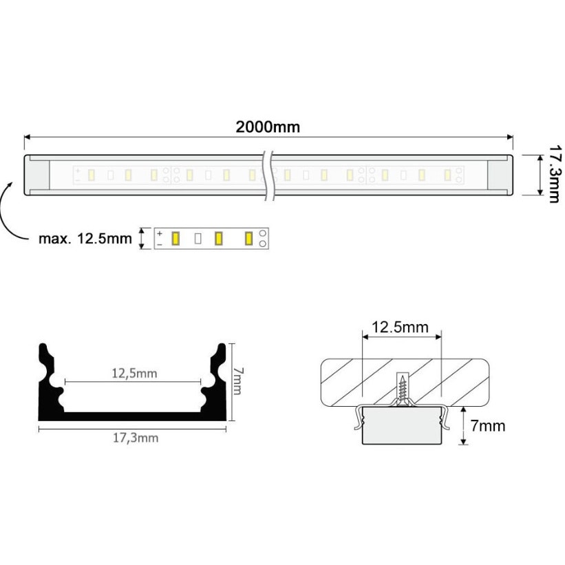 Profil LED aluminiu aplicat negru 2 metri, dispersor alb, cleme si ...