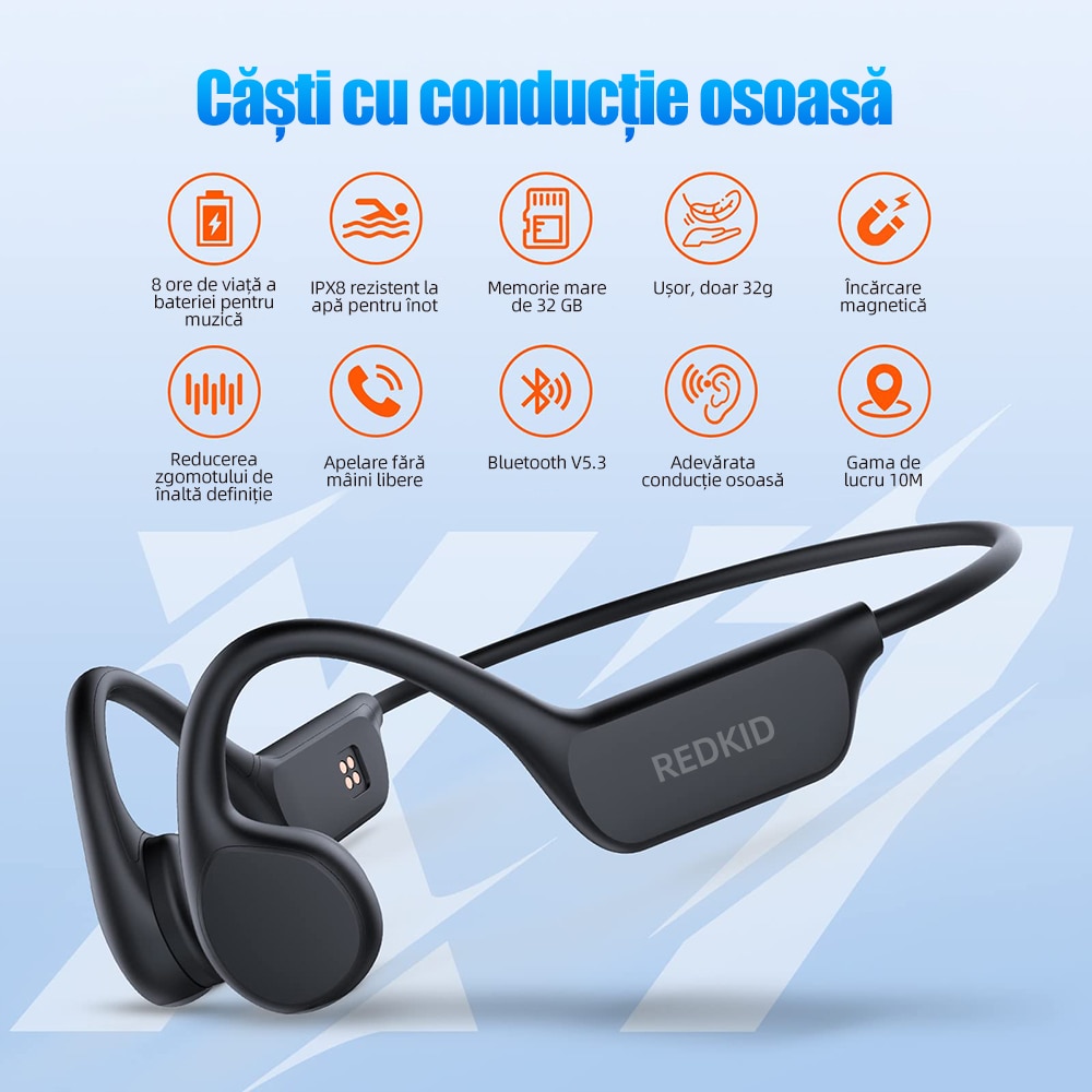 Casti cu conductie osoasa, REDKID, recomandate pentru inot rezistente ...