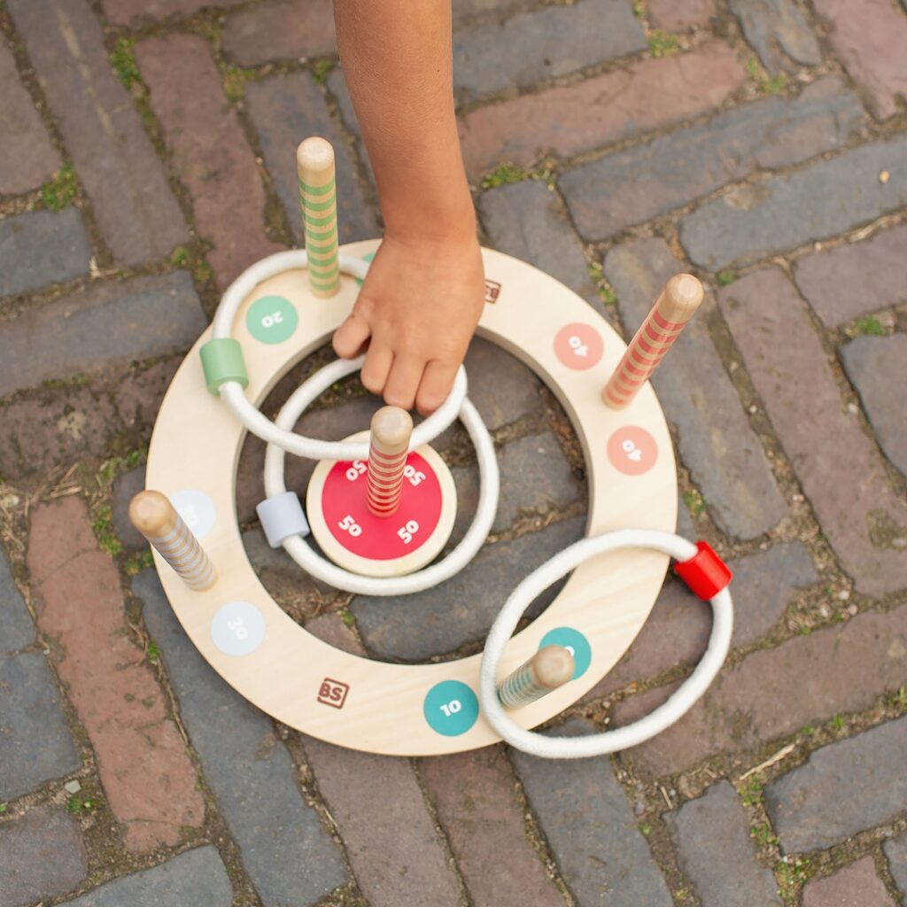 Joc de indemanare BS Toys, set 2 baze si 5 obreze, multicolor, 25cm ...