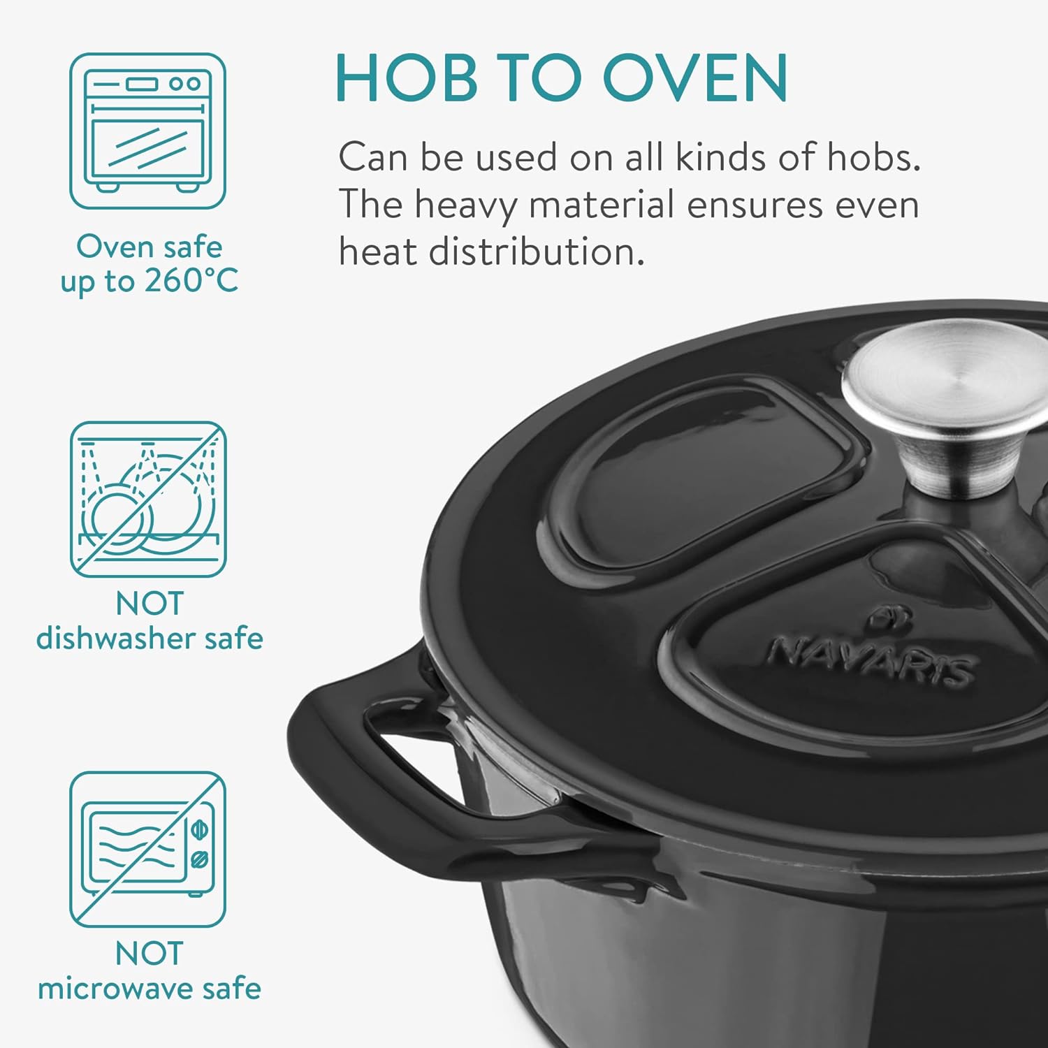 Oala fonta emailata Navaris, negru, cu capac, pentru cuptor, plita, gaz ...