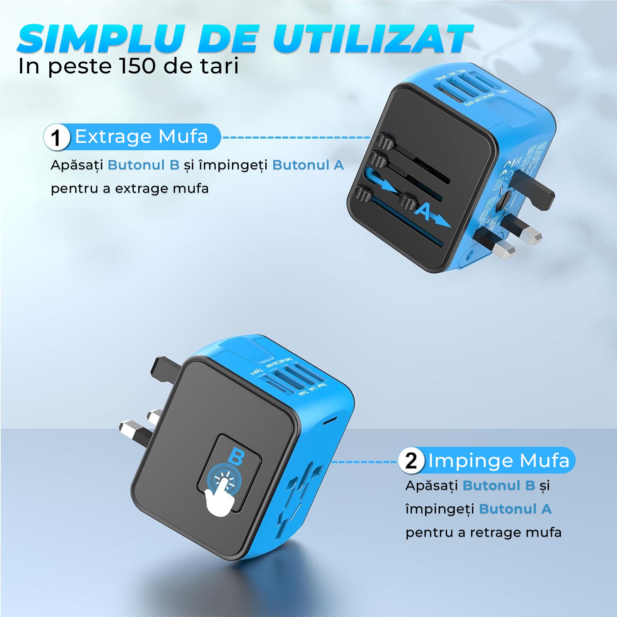 Adaptor incarcator universal priza de calatorie, Timebox, 3 x USB, 1 x ...