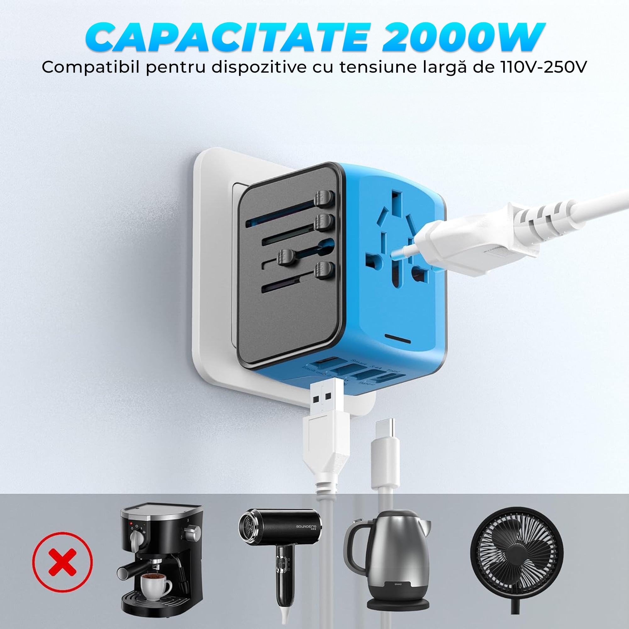 Adaptor incarcator universal priza de calatorie, Timebox, 3 x USB, 1 x ...