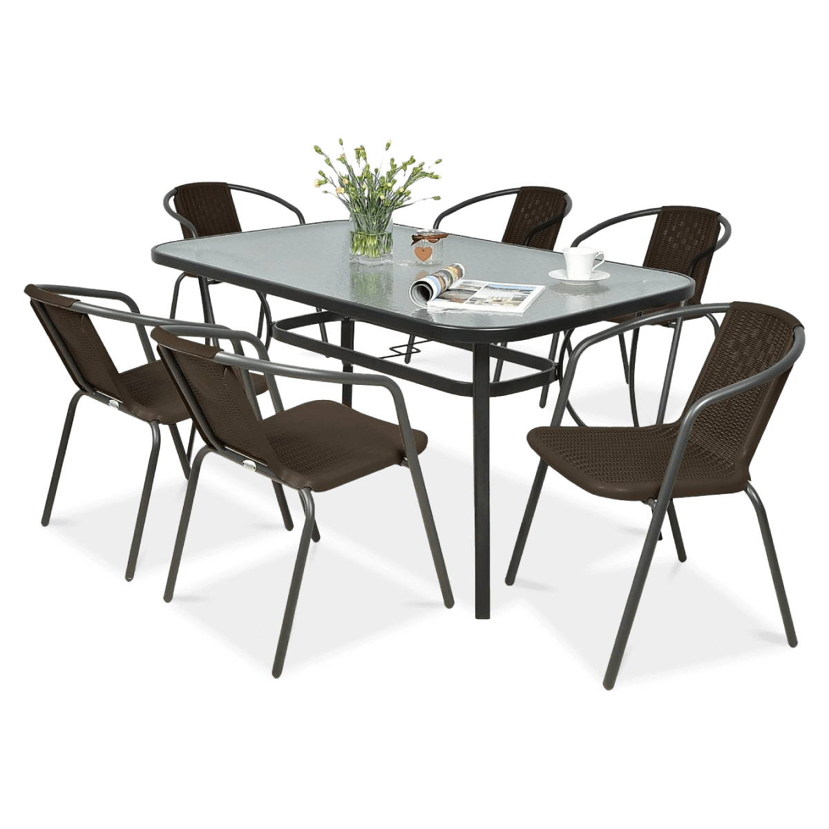 Set De Mobilier De Gradina, Simple, 6 Scaune, 1 Masa, Maro, Metal, Sticla, Plastic, Pe Balcon ...