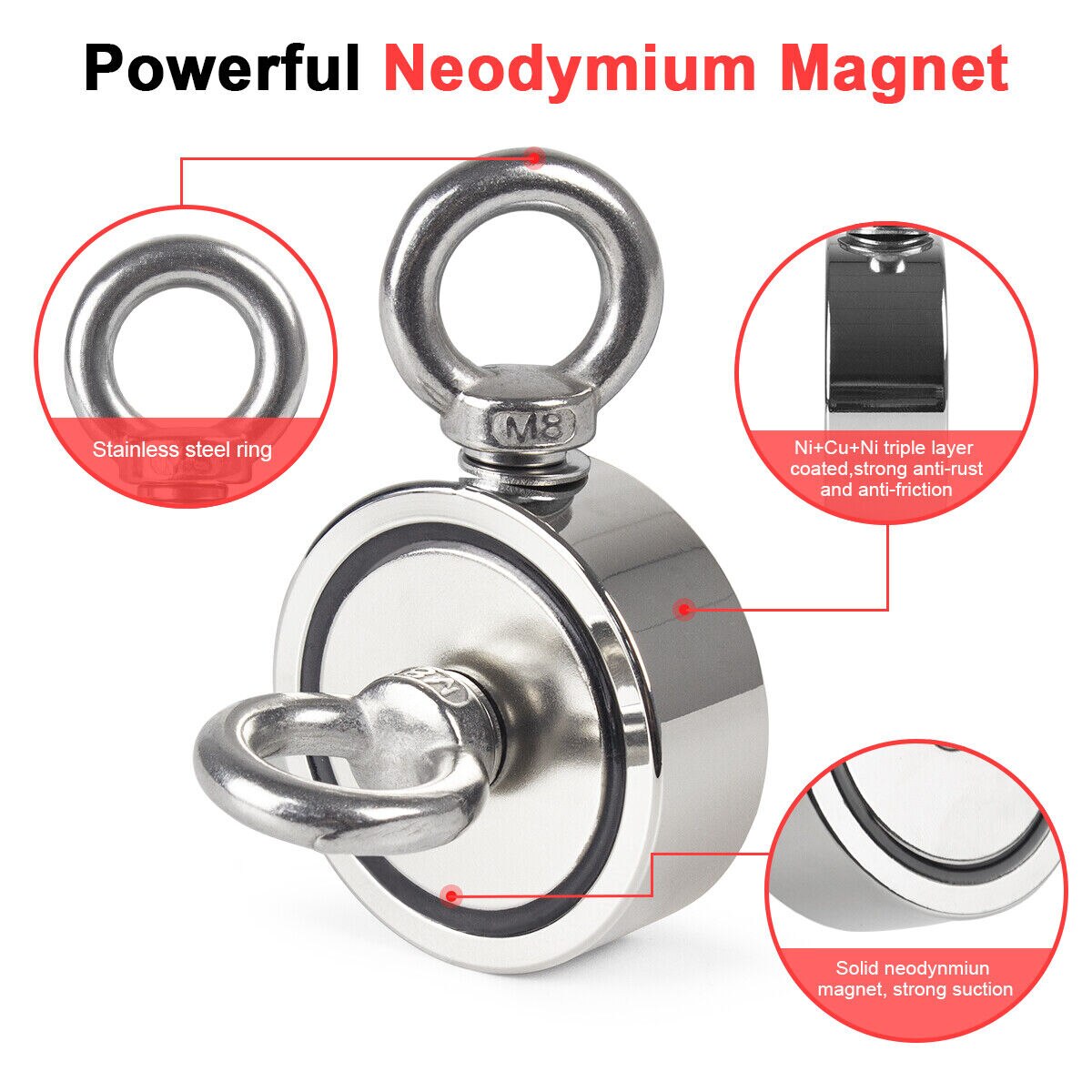 Magnet cu neodim, 100 kg cu carabina, 20 m, Argintiu/Rosu - eMAG.ro