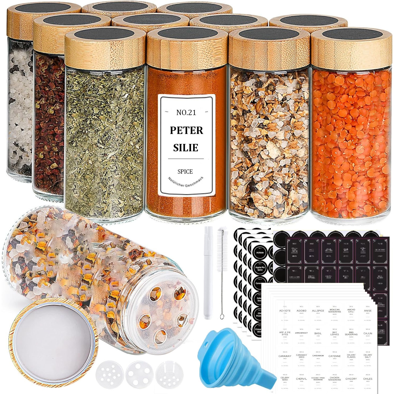 BYONDSELF®, 12 db fűszertartó készlet, 120 ml, üveg, fa fedéllel, 540 ...