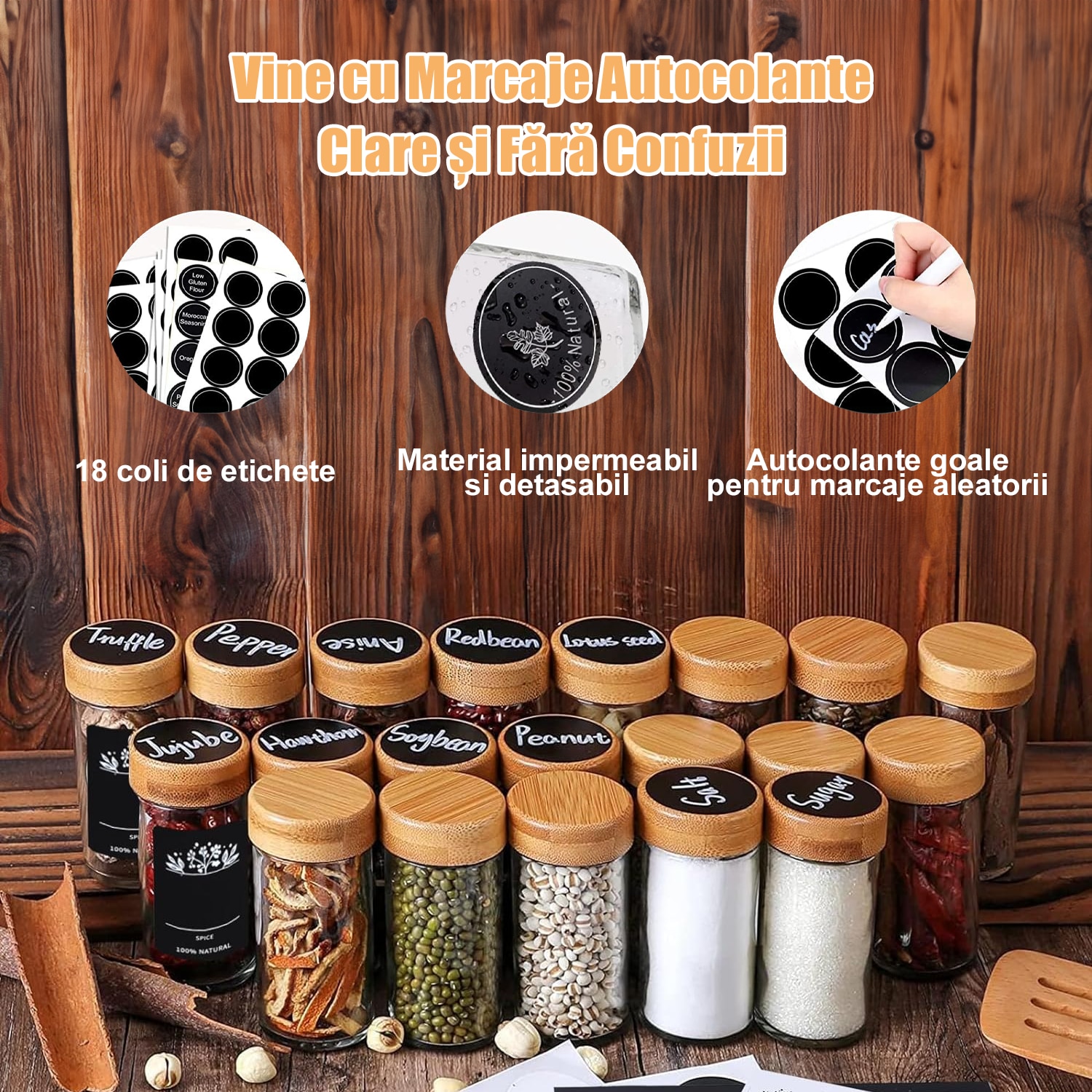 Set 12 Recipiente pentru Condimente, 120ML, BYONDSELF®, Sticla, cu ...