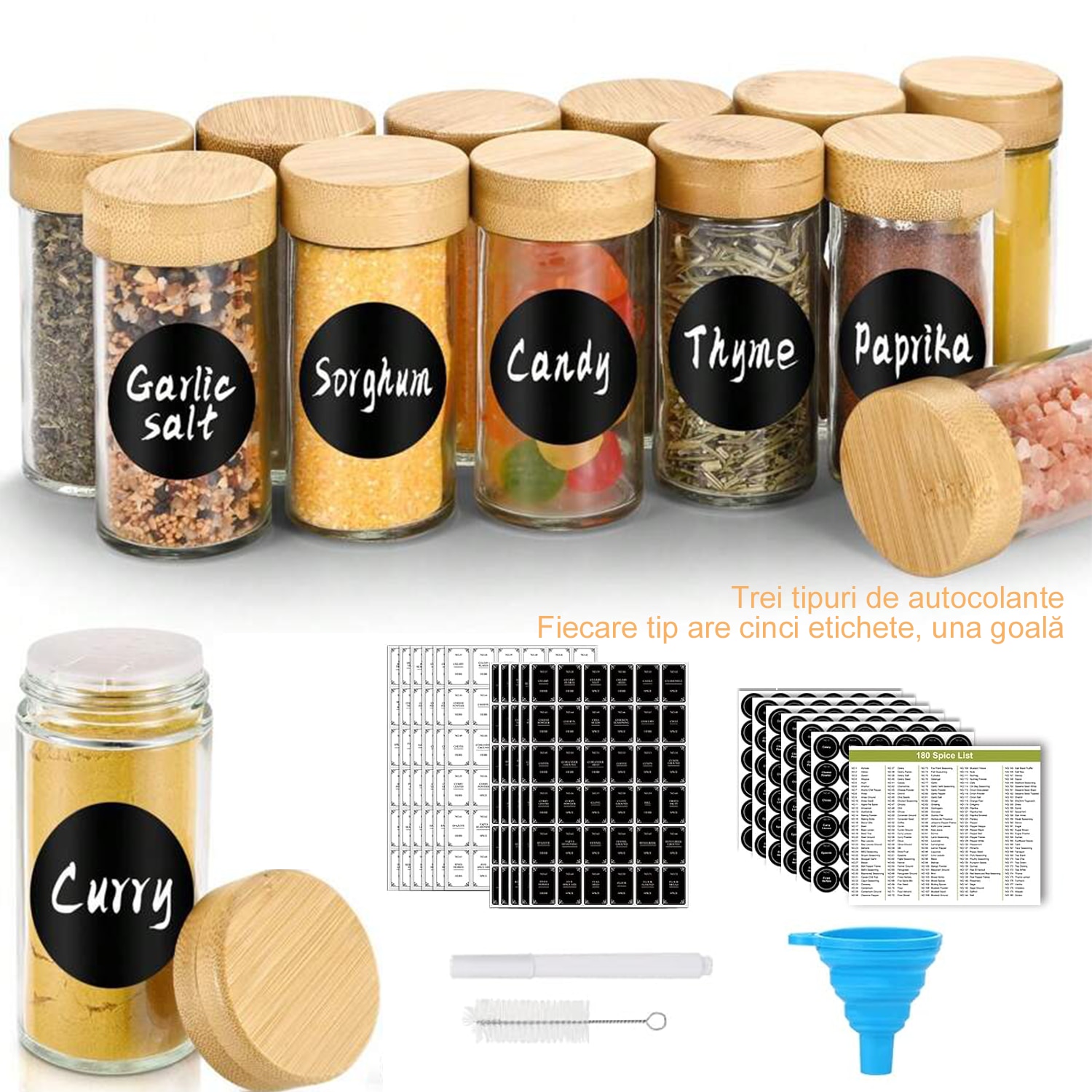 Set 12 Recipiente pentru Condimente, 120ML, BYONDSELF®, Sticla, cu ...