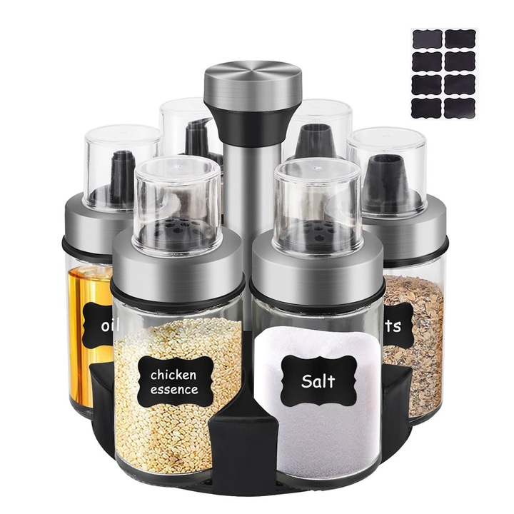 Set 6 recipiente condimente cu suport rotativ, Capac de praf, 3 Tipuri ...