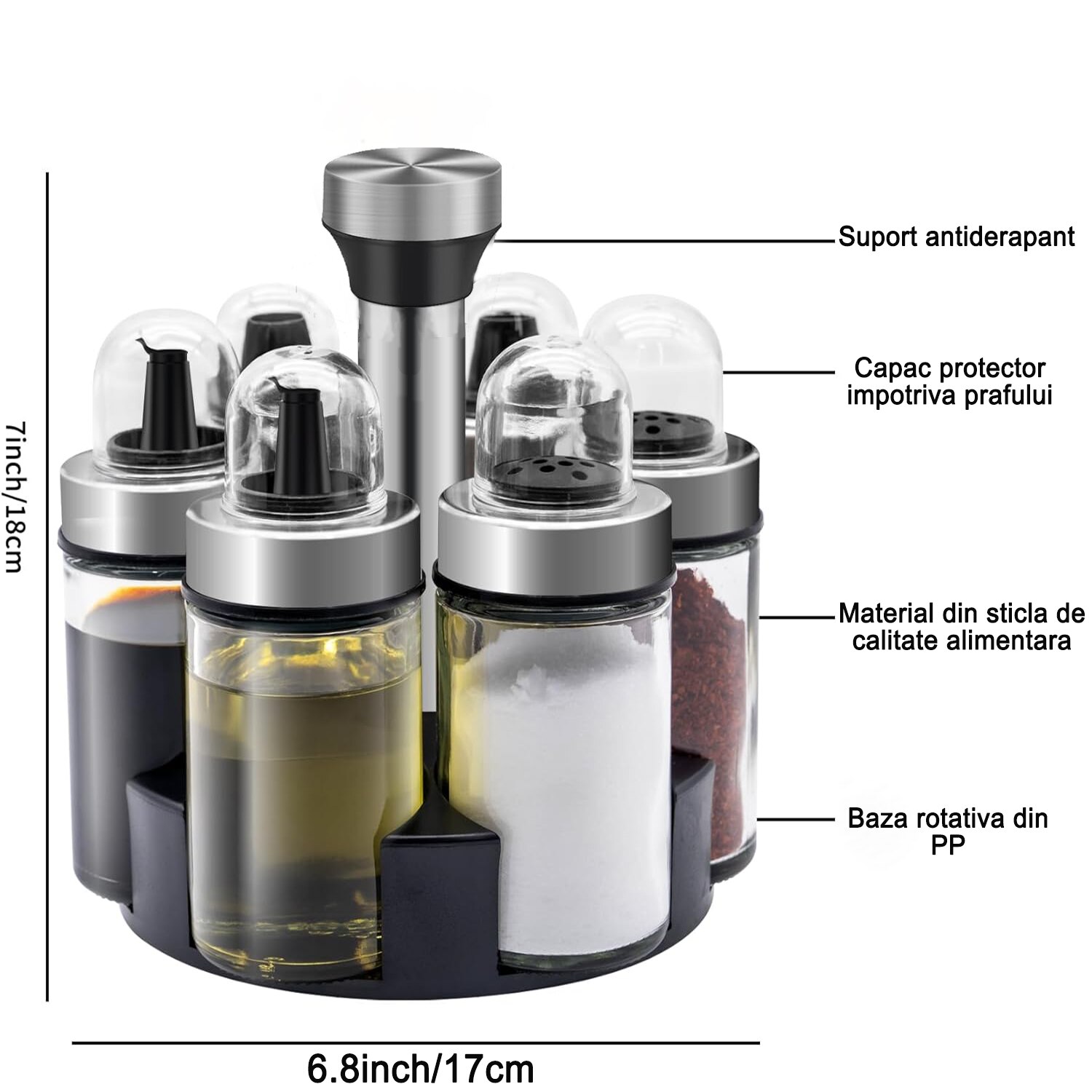 Set 6 recipiente condimente cu suport rotativ, Capac de praf, 3 Tipuri ...