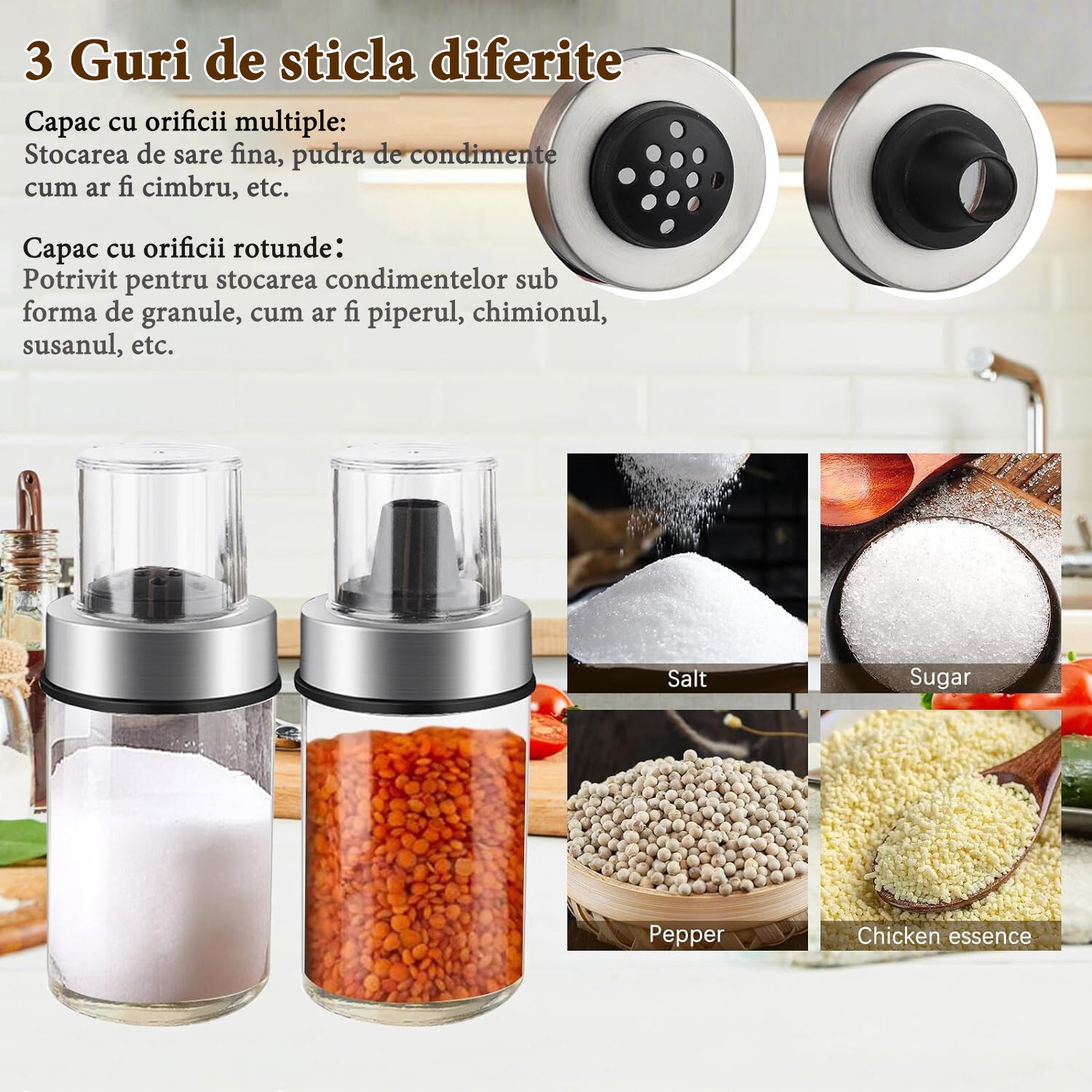 Set 6 recipiente condimente cu suport rotativ, Capac de praf, 3 Tipuri ...
